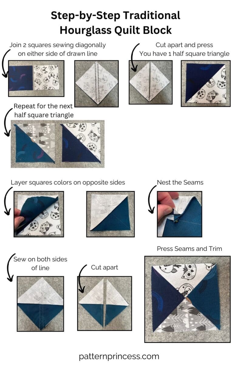 4 At a Time Easy Hourglass Quilt Block Tutorial - Pattern Princess